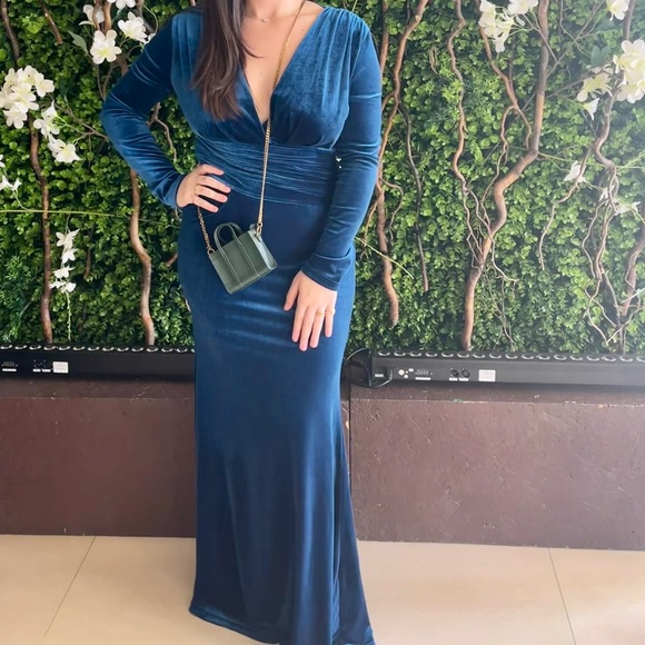 Dresses | Maxi Low Cut Ball Gown Dress In Velvet Navy Blue | Poshmark